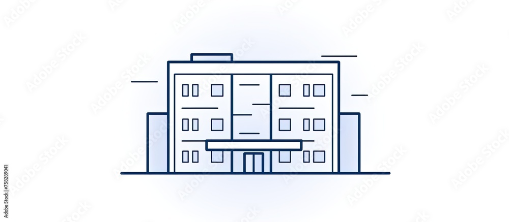A detailed line drawing of a large rectangular building with a ...