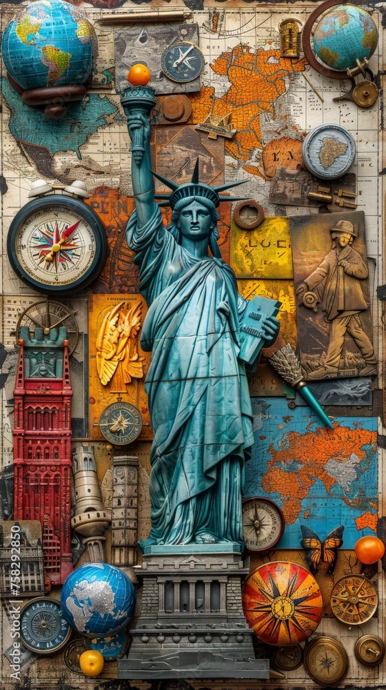 colorful illustration collage about geography and famous landmarks with ...