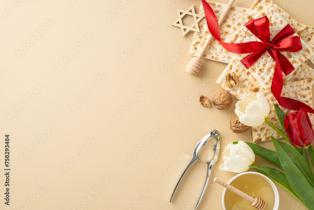 Sophisticated Pesach display, from top view. Showcases ribbon-bound ...