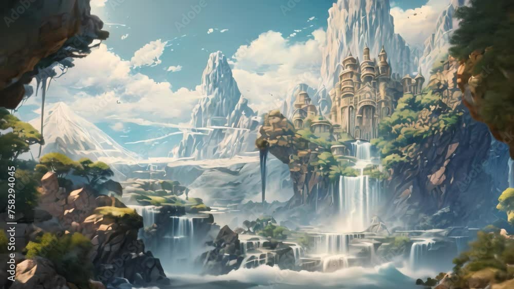 Fantasy landscape with waterfall and fairy tale castle. Digital ...