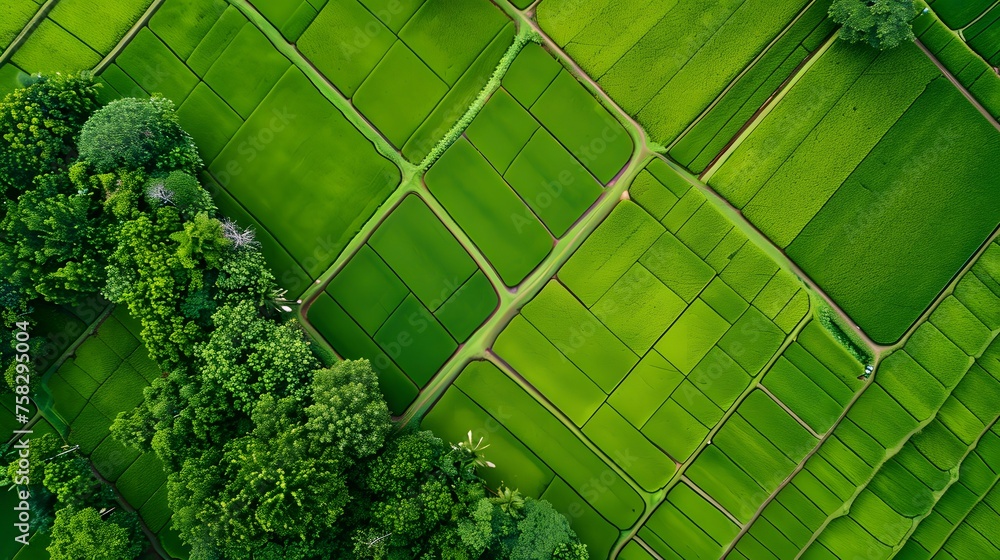 Aerial view of green rice field with trees in Thailand. Above view of ...