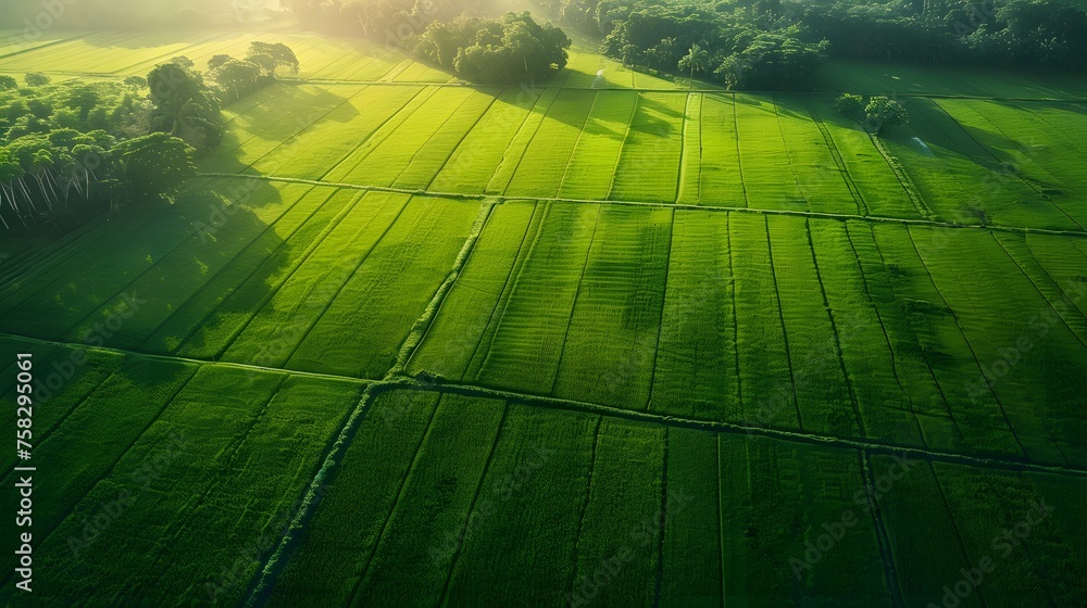 Aerial view of green rice field with trees in Thailand. Above view of ...