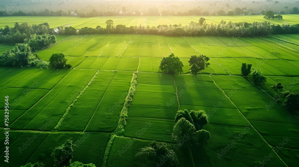 Aerial view of green rice field with trees in Thailand. Above view of ...
