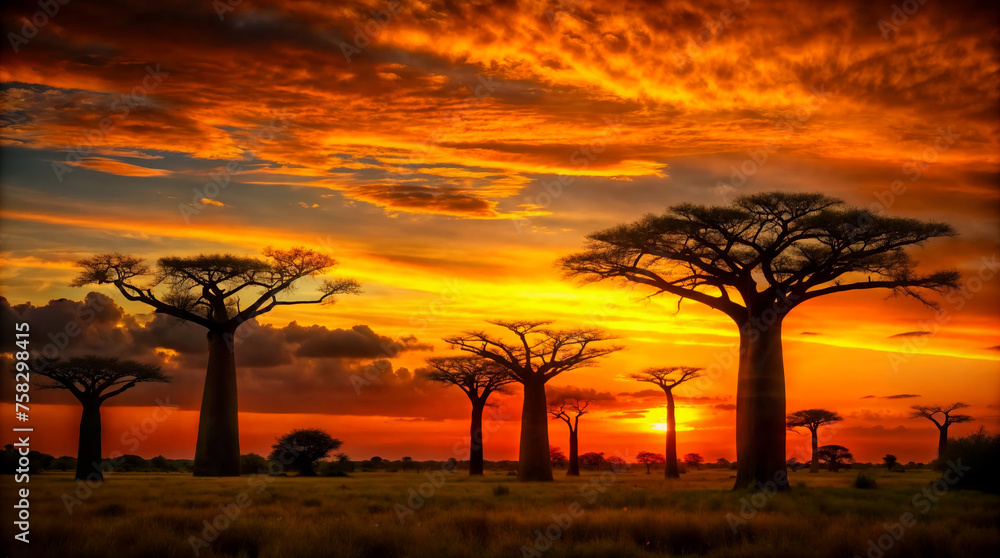 A breathtaking Madagascar sunset with baobab trees. Ideal for travel ...