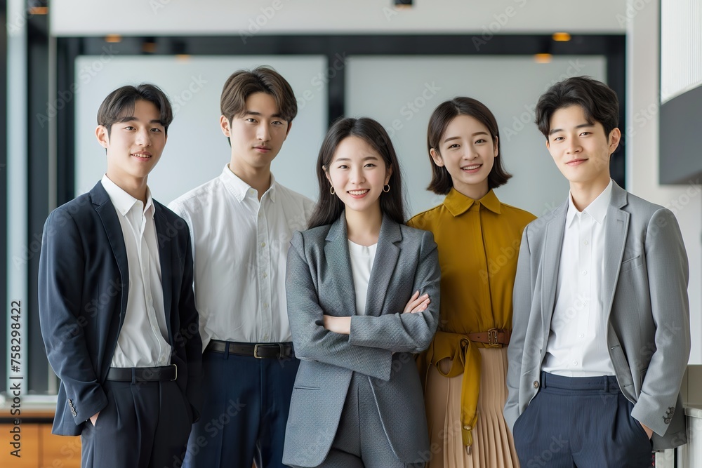 Diverse group of young Korean professionals standing close in unity ...