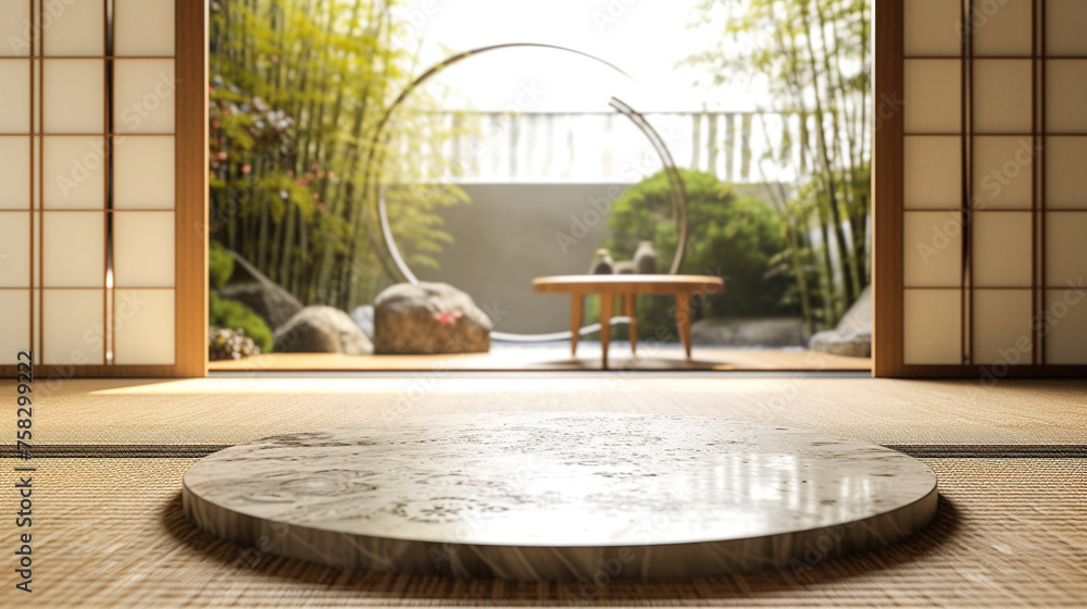 Japanese Tatami-style office conference room, circular marble mosaic ...