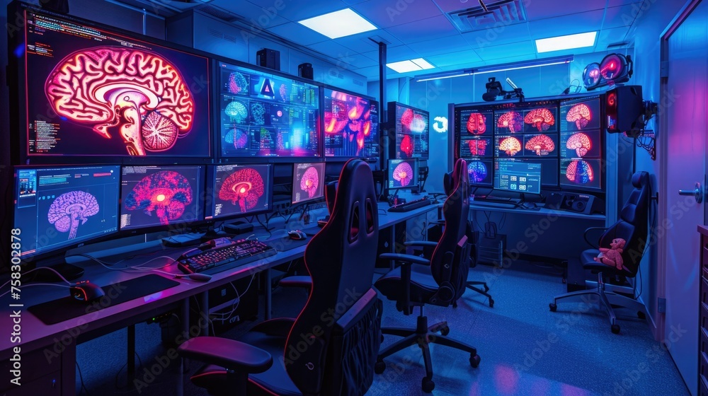 A high-tech brain imaging lab, where researchers are monitoring and ...
