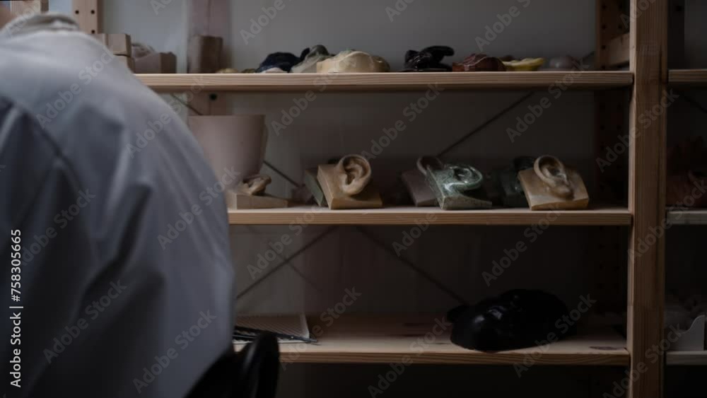 Potter artist and sculptor working at his table with a view of his art ...