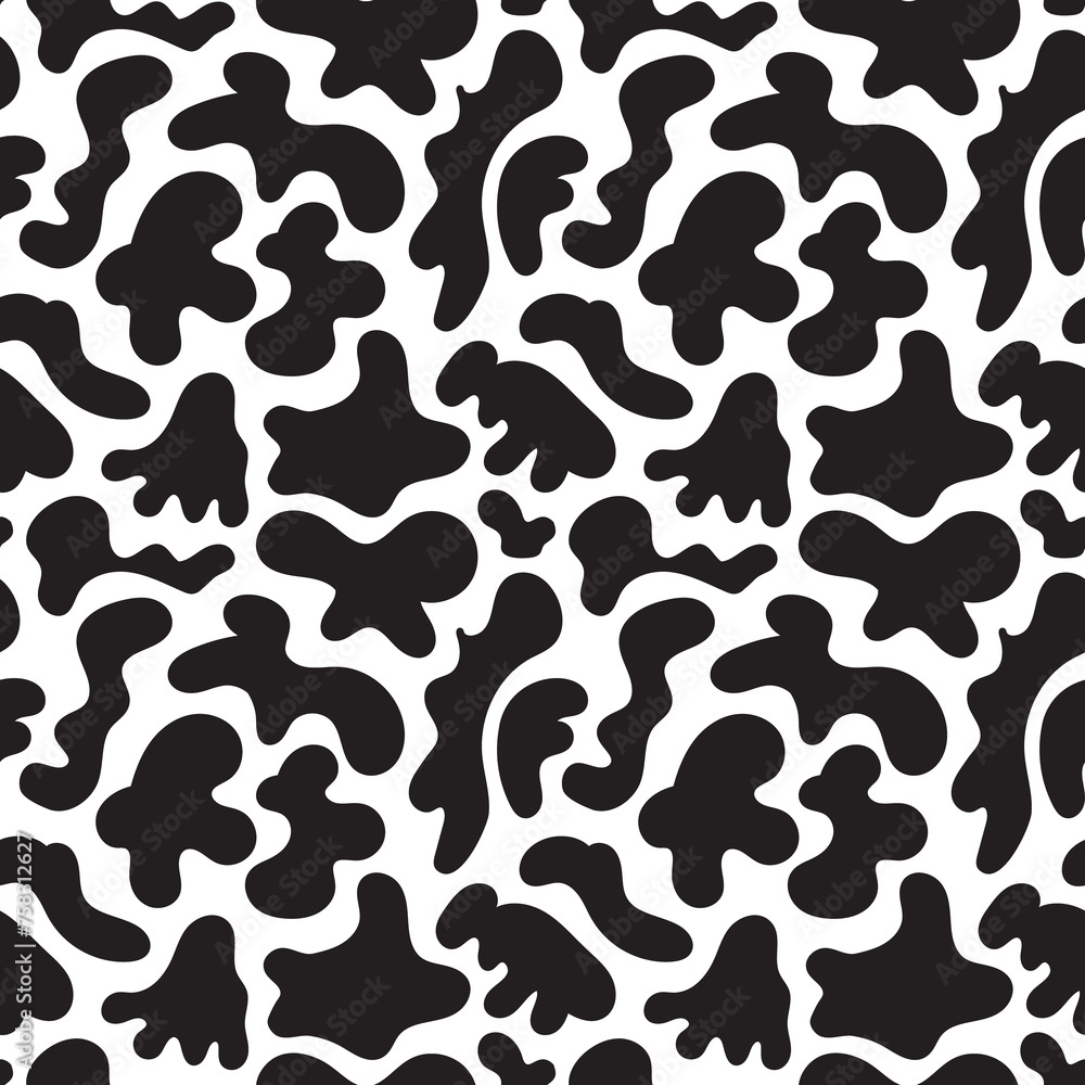 Dark splatter shapes over white background. Curvy amoebic black spots ...