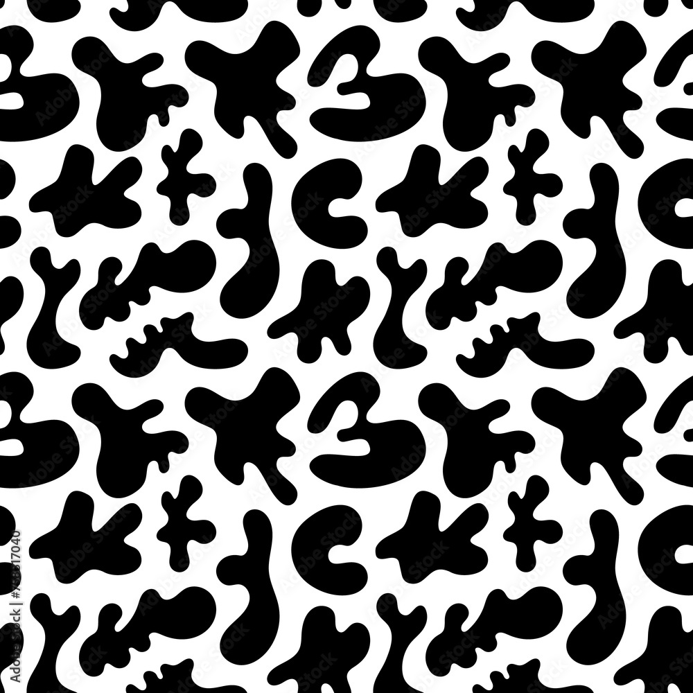Black amoebic splatter like shapes arranged in seamless pattern ...