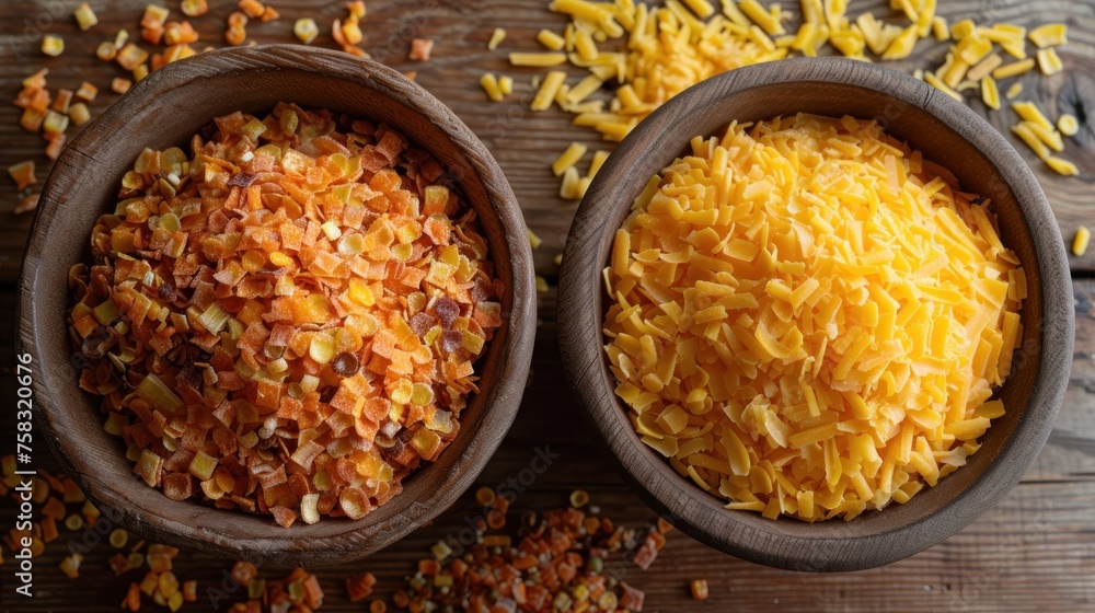 two wooden bowls filled with different types of shredded cheese on top ...