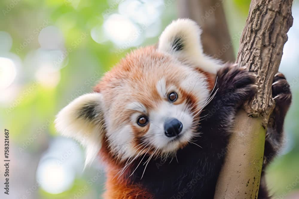A cute red panda clings to a tree, peeking with big, curious eyes. Its ...