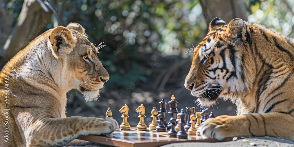 Regal Rivalry: A Lion and Tiger Face Off in a Game of Chess, A Metaphor ...