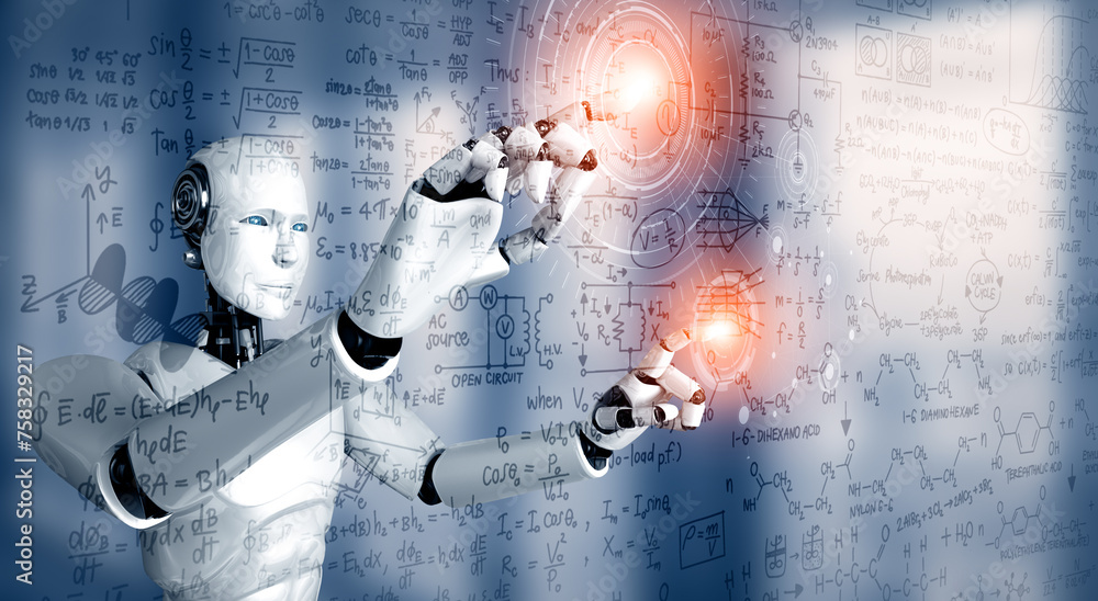 XAI 3d illustration AI humanoid robot touch screen of mathematics ...