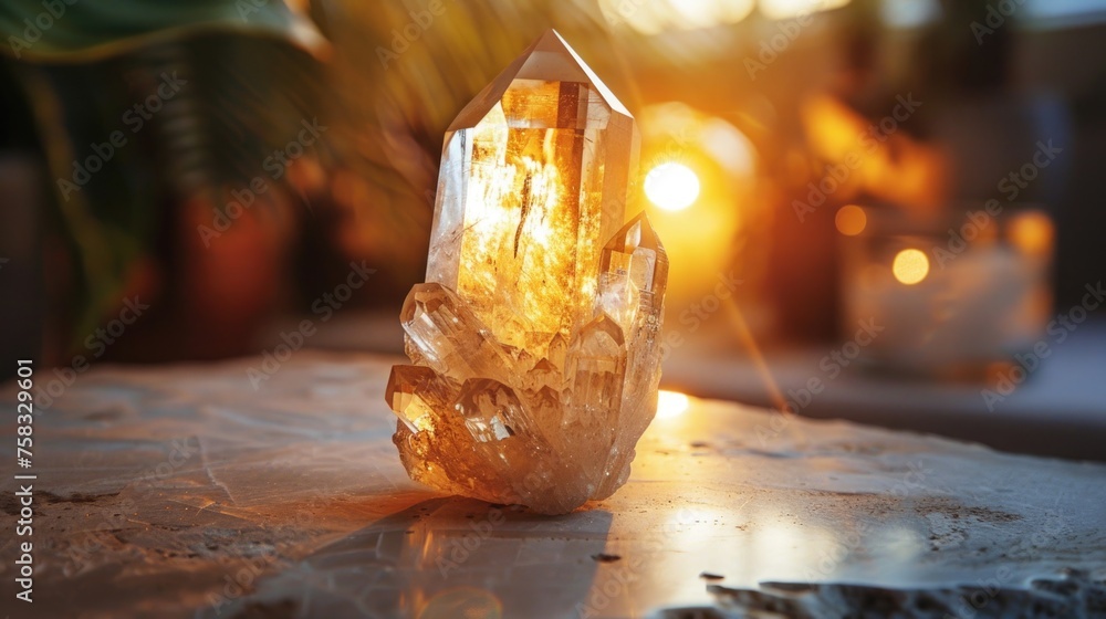 Detailed macro shot of a clear quartz crystal against a backdrop of a ...