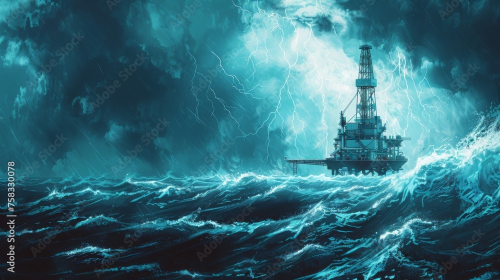 Industrial offshore oil drilling rig facility in ocean during storm ...