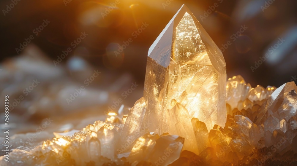 Detailed macro shot of a clear quartz crystal against a backdrop of a ...