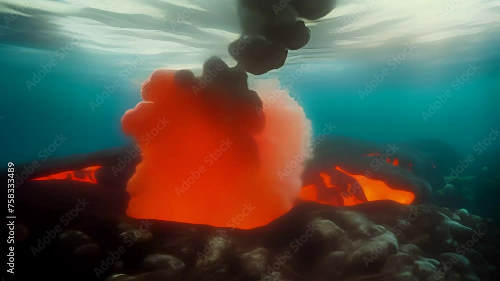 intense and dramatic moment of an underwater volcanic eruption. Vibrant ...