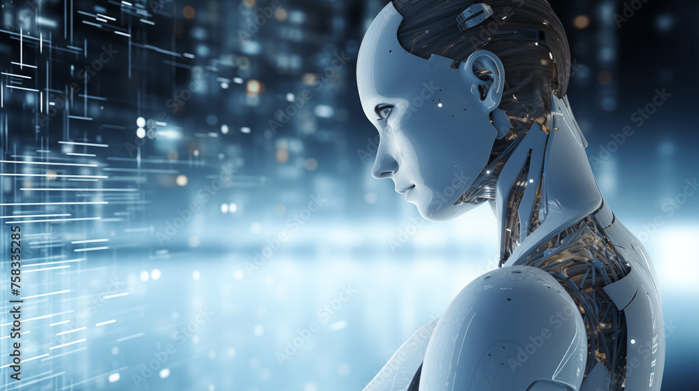 Cybergirl robotic humanoid side head view with many wires interlaced ...