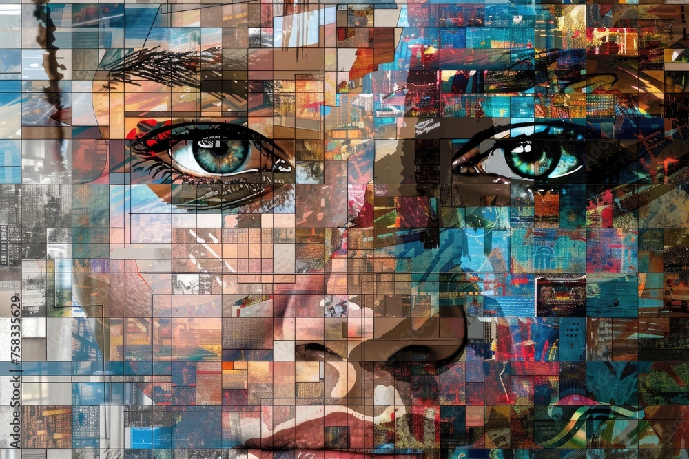 A digital mosaic of fragmented images and textures, assembled into a ...