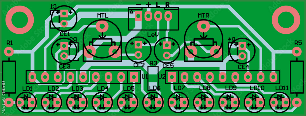 Vector printed circuit board of an electronic device with components of ...