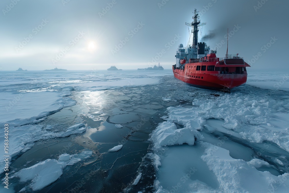 A red icebreaker ship carves a path through the Arctic's frozen waters ...