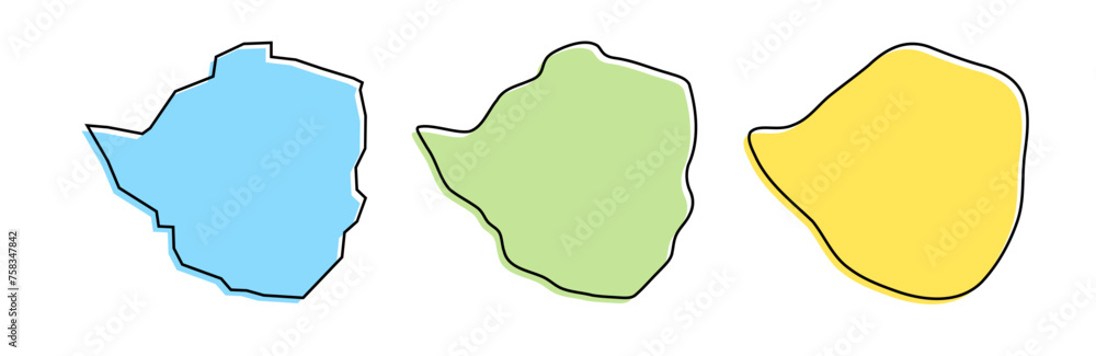 Zimbabwe country black outline and colored country silhouettes in three ...