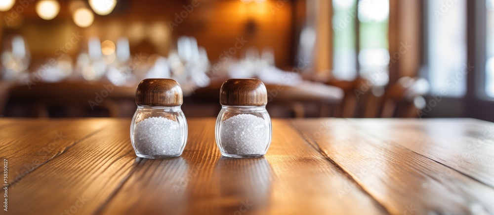 Two salt and pepper shakers rest on a hardwood table in a restaurant ...