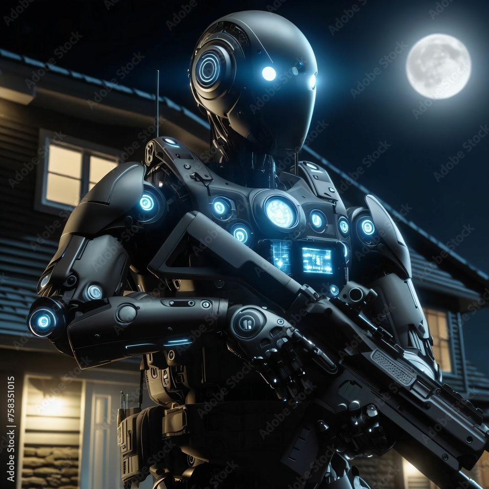 Armed humanoid android security robot standing on guard. Military ...