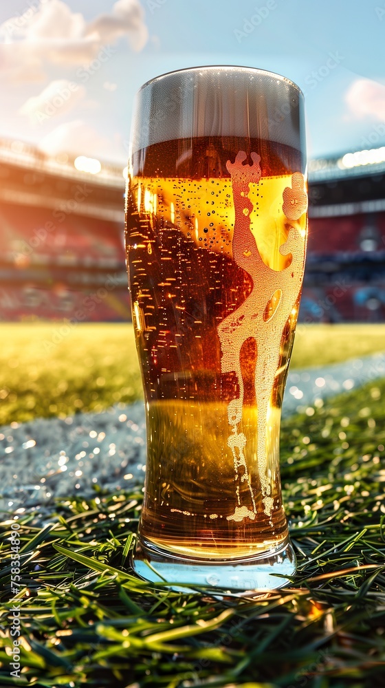 A large glass of beer on the animated background of a football stadium ...
