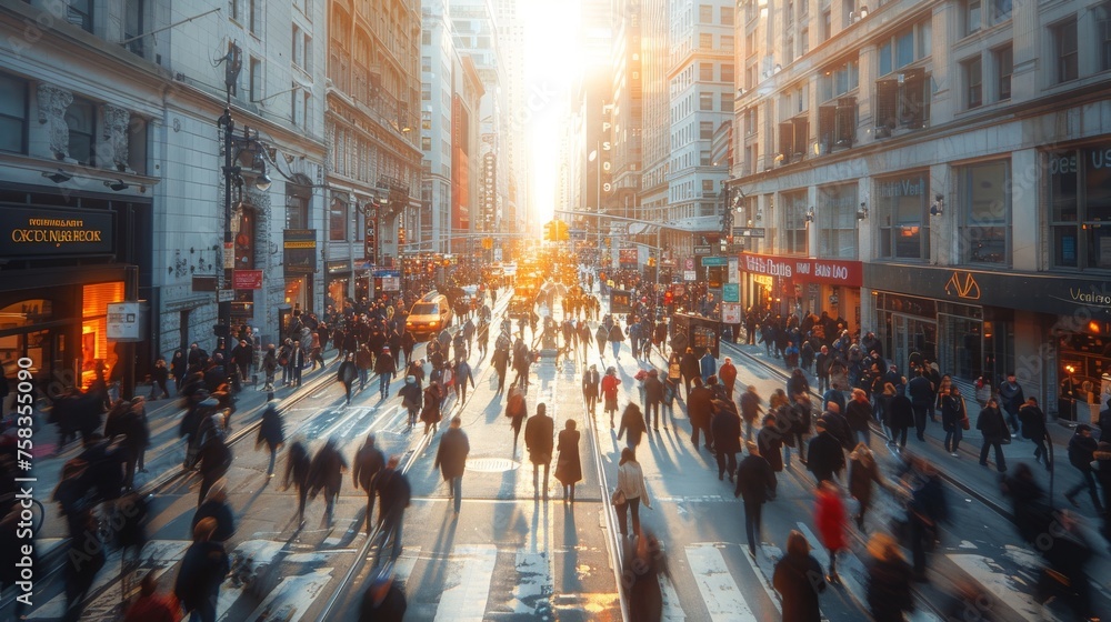 Bustling city street scene with numerous pedestrians crossing, warm ...