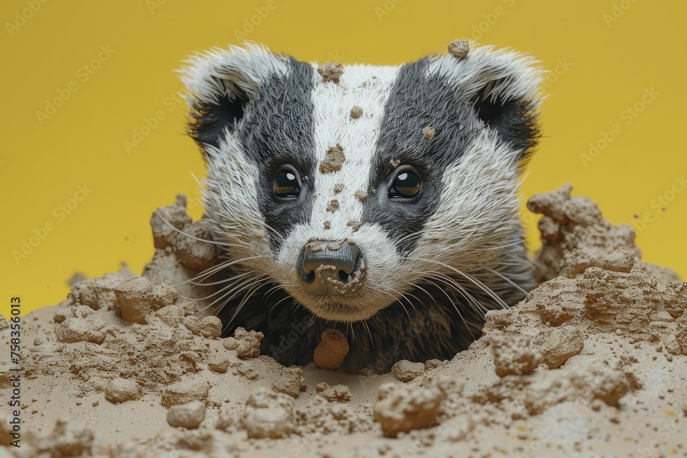 A badger digging its way out of a torn-up earth scene, pausing to sniff ...