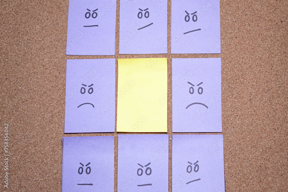 A grid of purple post-it notes with angry faces on a cork board, a ...