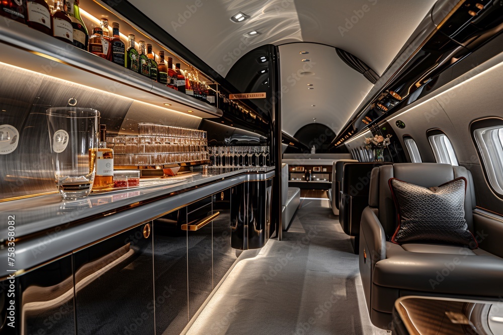 A luxurious display of first-class airplane amenities, featuring plush ...