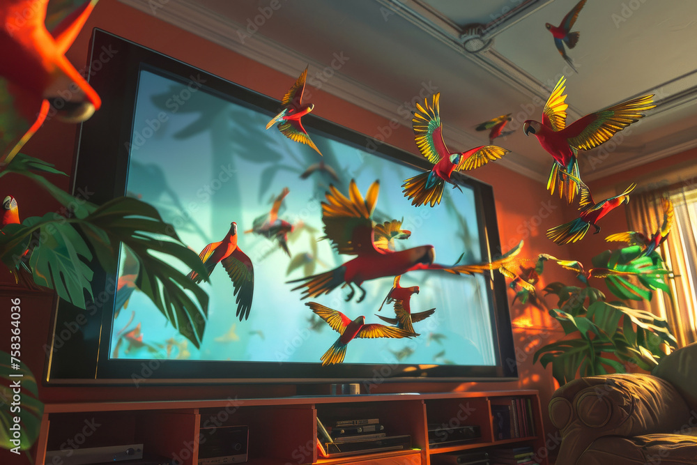 An immersive 3D scene depicting a sequence where multiple parrots are ...