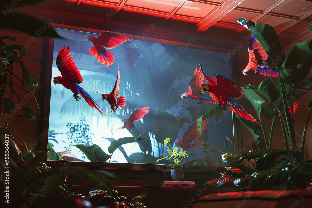 An immersive 3D scene depicting a sequence where multiple parrots are ...