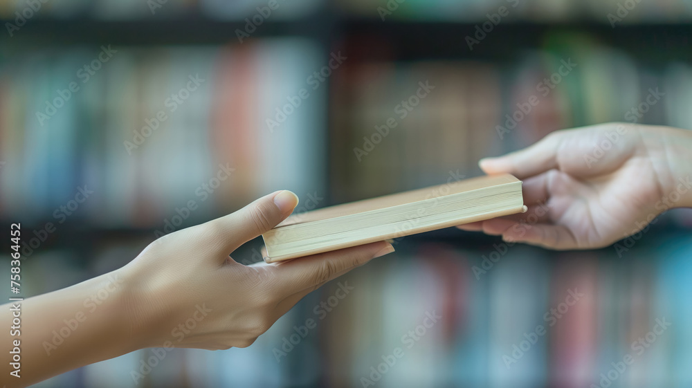 Two hands passing a book over in a library setting, symbolic of sharing ...