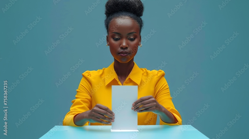 African American lady places her vote into a ballot box. Female voter ...