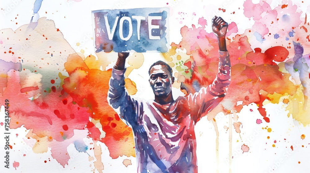 African American Man holding a VOTE sign, watercolor illustration ...
