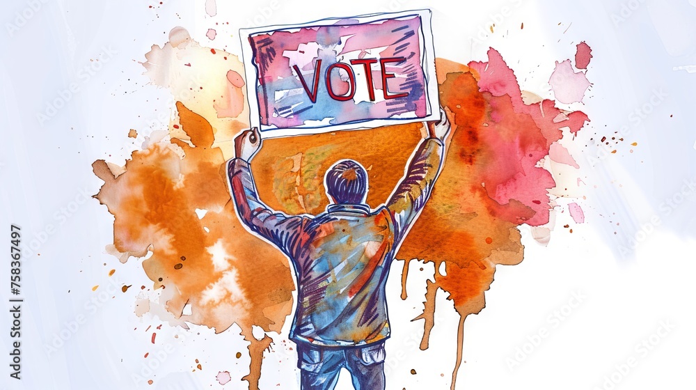 Back view of man holding up a VOTE sign, set against a vibrant ...
