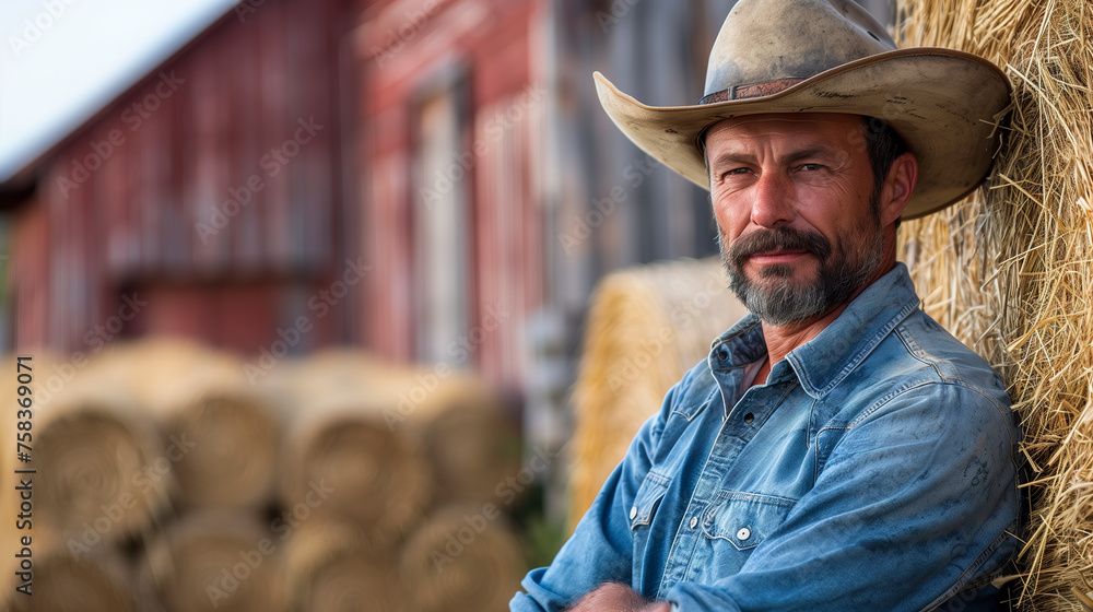 A rugged farmer, proud of his hard work, poses confidently in front of ...