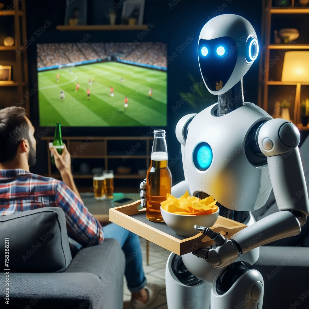 Domestic humanoid household robot brings a tray with snacks and beer to ...