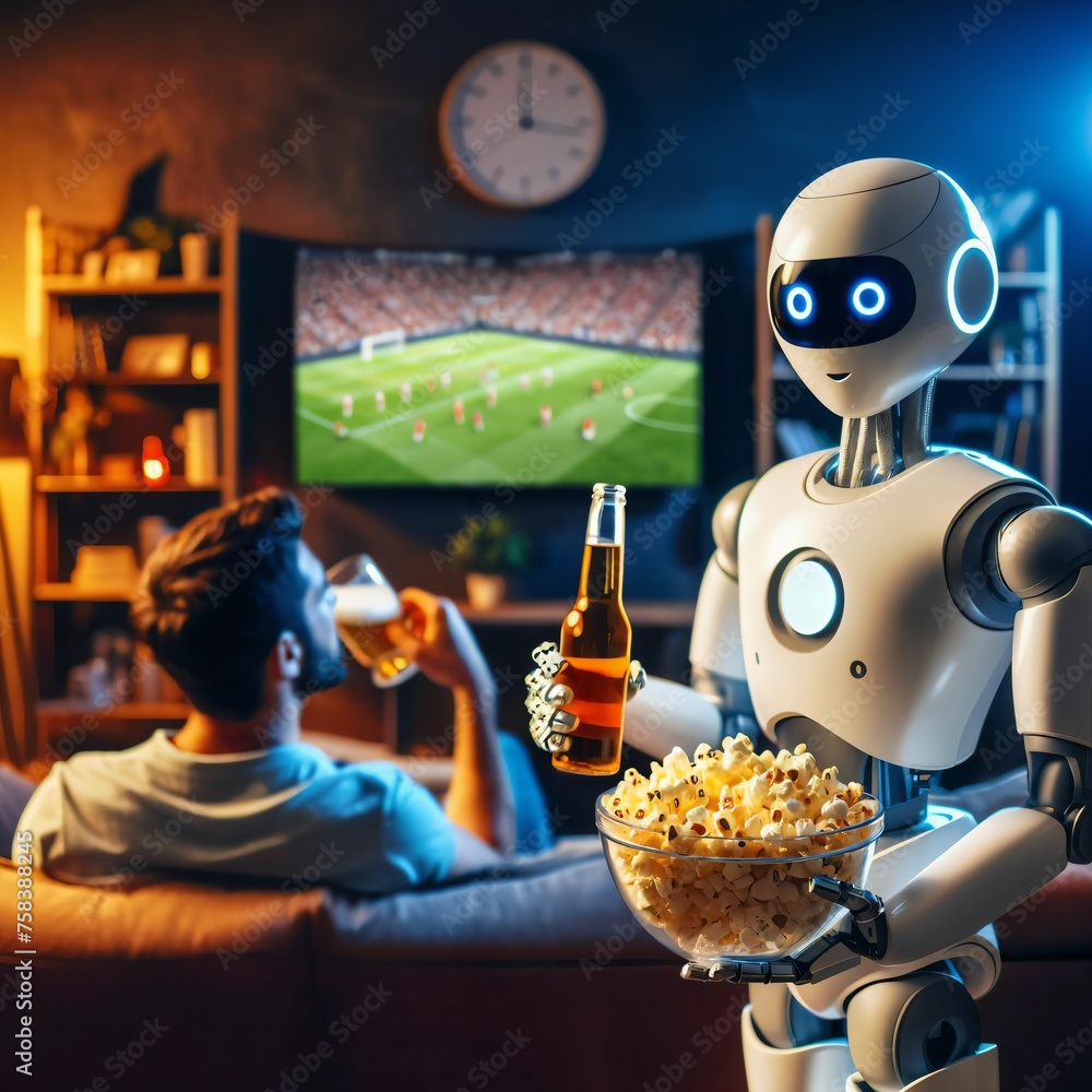 Domestic humanoid household robot brings a tray with snacks and beer to ...