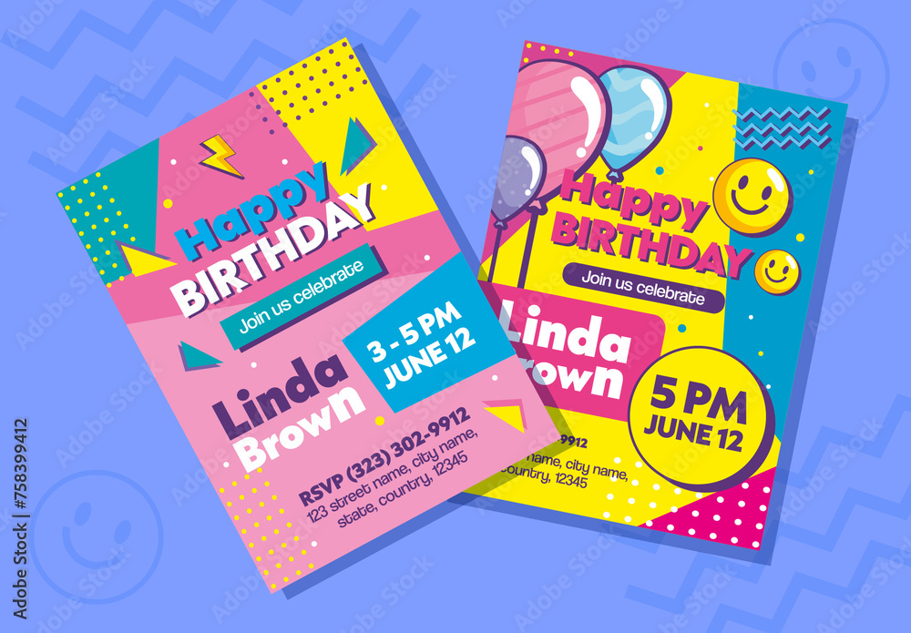 Pink And Purple Pop Art Birthday Invitation Stock Template | Adobe Stock