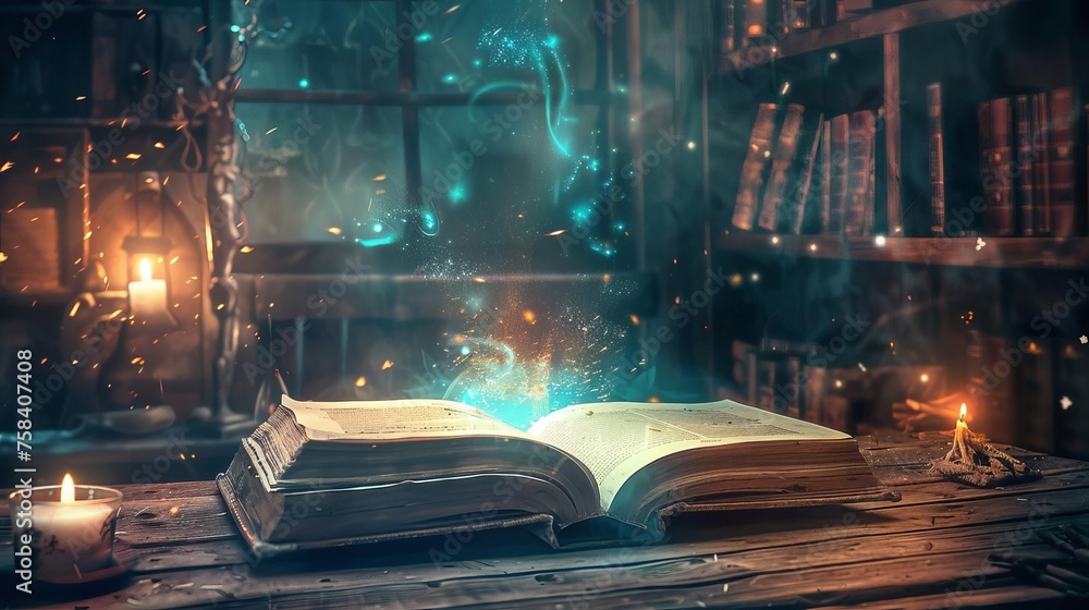 Magical fantasy scene with an ancient book open on a wooden desk ...