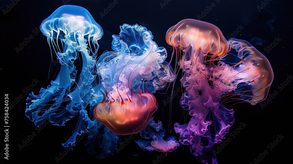 Colorful jellyfish swimming in the dark sea. A cluster of jellyfish ...