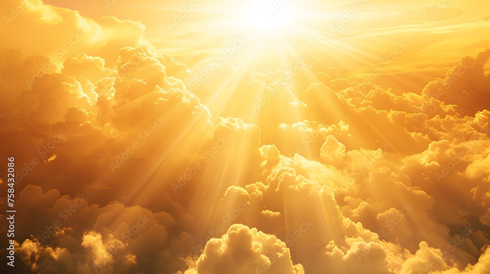 God light. Dramatic golden cloudy sky with sun beam. Yellow sun rays ...