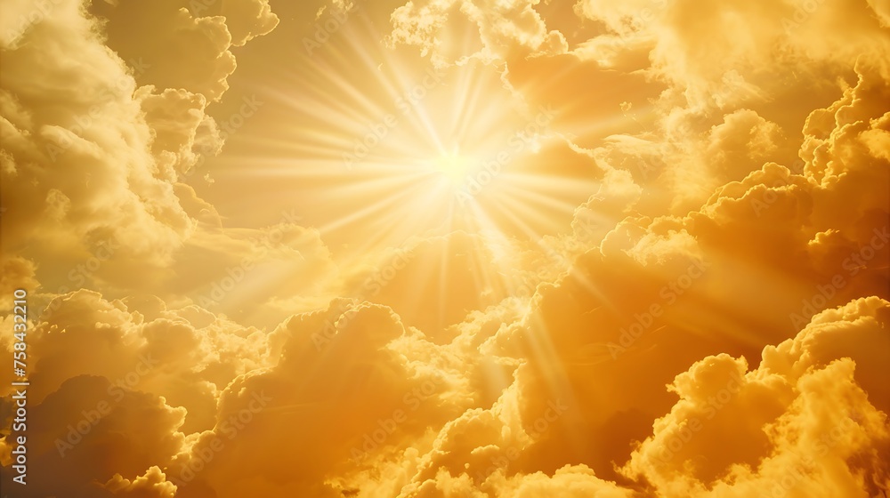 God light. Dramatic golden cloudy sky with sun beam. Yellow sun rays ...