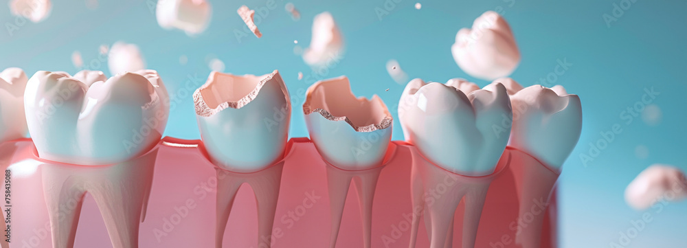 3D visualization of broken teeth, symbolizing dental trauma and ...