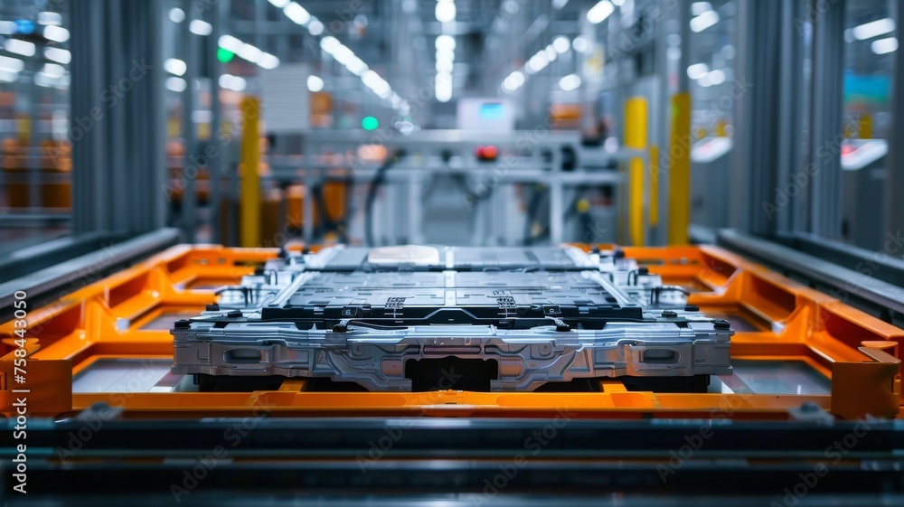 wide angle of an ev battery on a production line in a battery factory ...